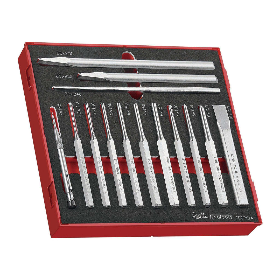 Teng Tools 14 Piece Parallel Pin Punch, Flat Cold Chisel and Centre Pu ...
